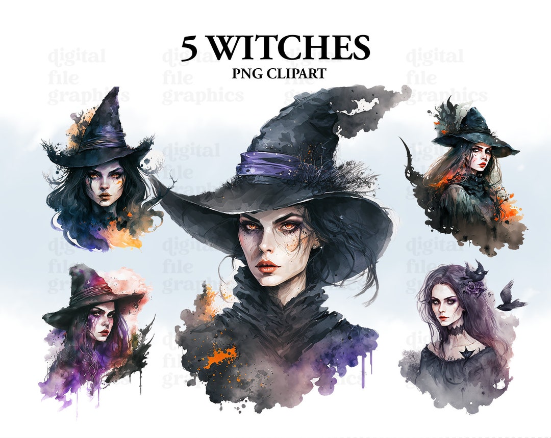 Witch Watercolor Clipart, Witch Black Purple Style, Magical Clipart ...