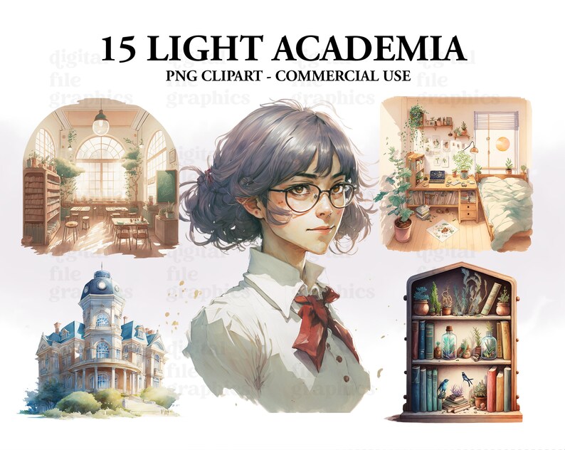 Watercolor Light Academia Clipart Character Clipart Books - Etsy