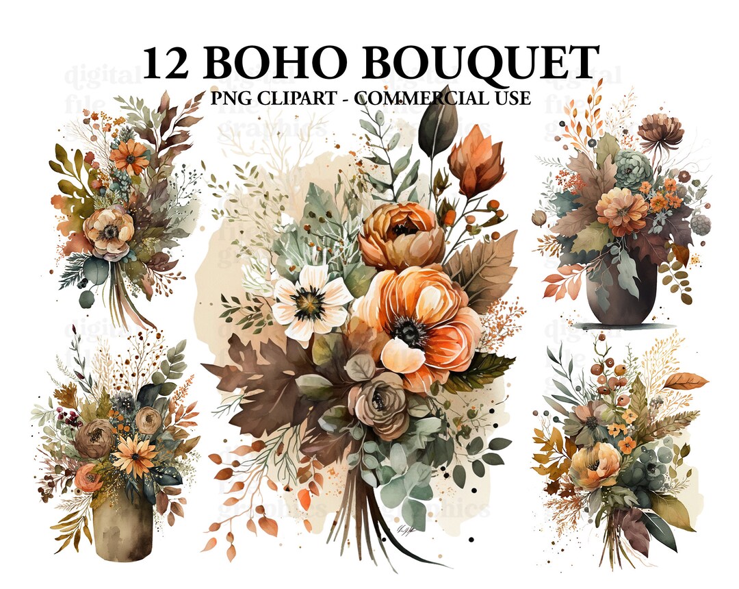 Boho Bouquet Clipart Bundle, Floral Bouquet, Boho Flowers, Scrapbook ...
