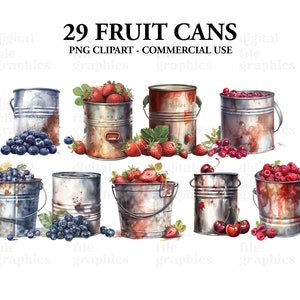 Vintage Fruit Cans Watercolor Clipart, Cans Buckets Bundle PNG, Pot, Jar, Scrapbook, Junk ...