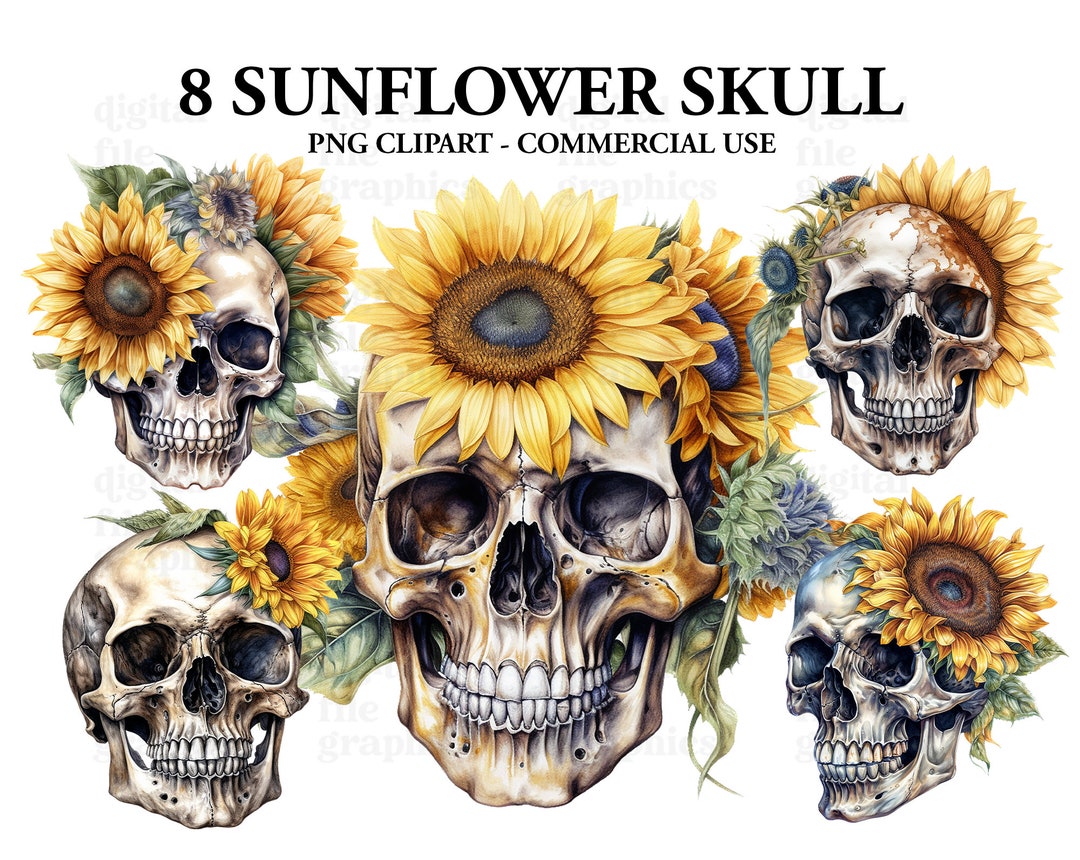 Sunflower Skull Watercolor Clipart Png, Sunflower Clipart Bundle PNG ...
