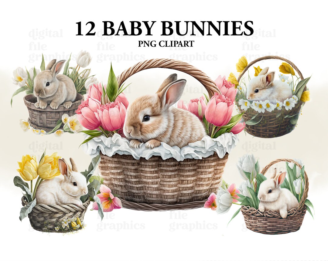 Cute Baby Bunny Watercolor Clipart, Bunny in Basket Png, Landscape Art ...