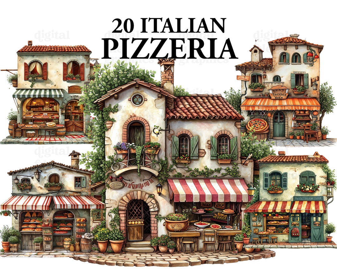 Italian Pizzeria Watercolor Clipart, Pizzeria Clipart, Building Bundle ...