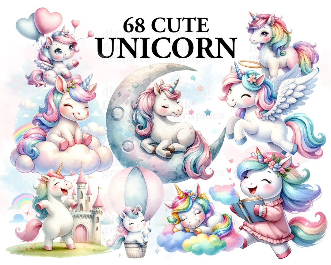 Unicorn Watercolor Clipart Bundle, Rainbow Unicorn Clipart, Pastel ...