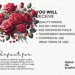 Red Roses Flower Watercolor Clipart, Roses Bouquet Clipart, Watercolor ...