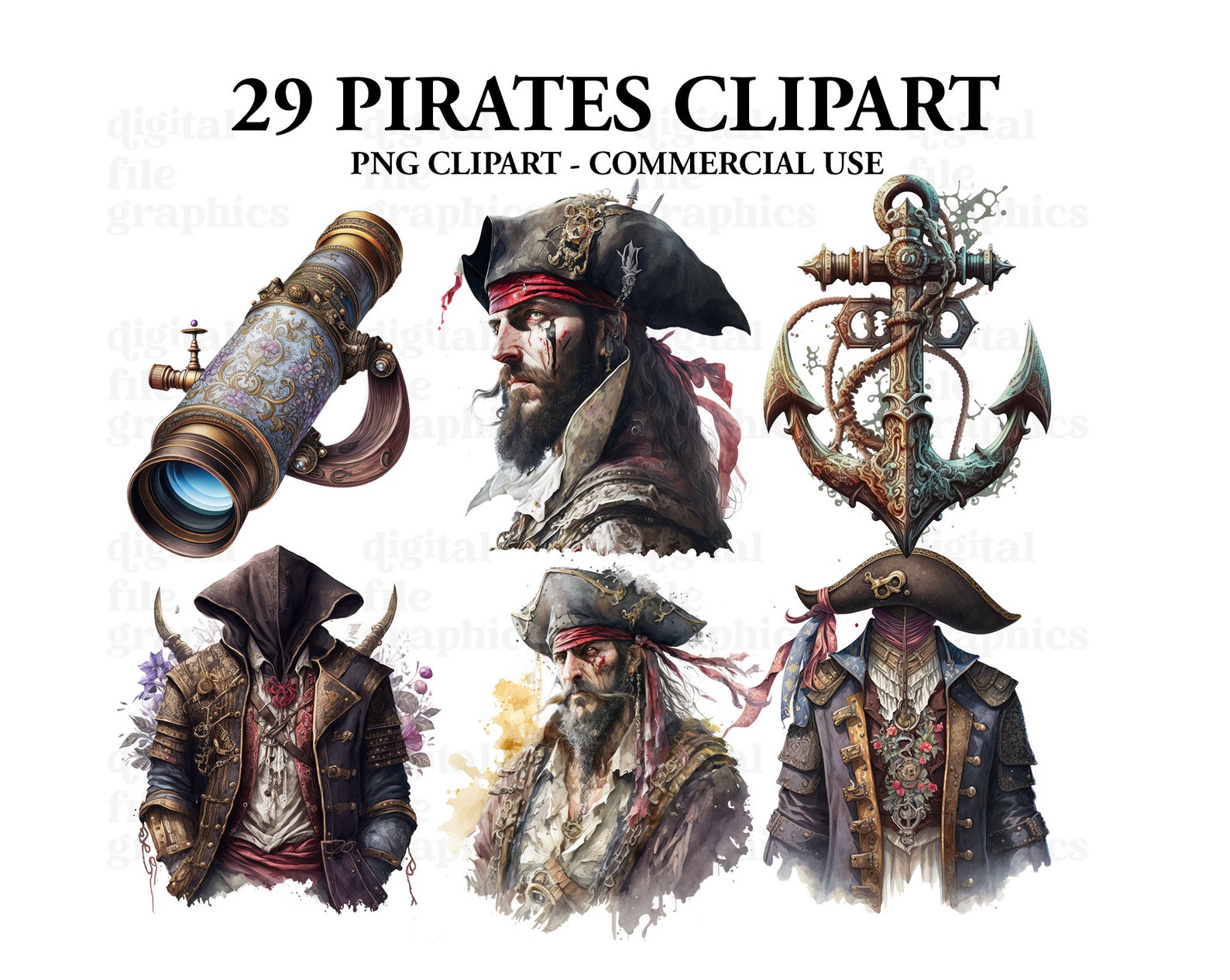 Pirate Watercolor Clipart, Pirate Skull Black Style, Magical Clipart ...