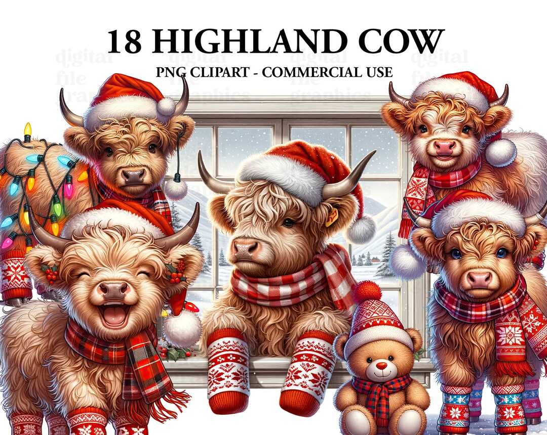 Christmas Cute Highland Cow Watercolor Clipart, Christmas Festive Cow ...