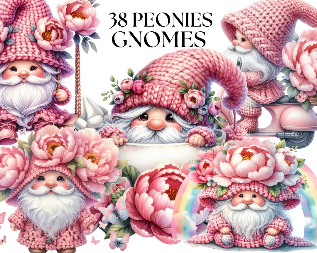 Pink Peony Gnome Watercolor Clipart, Flower Gnome Clipart PNG, Gnome ...