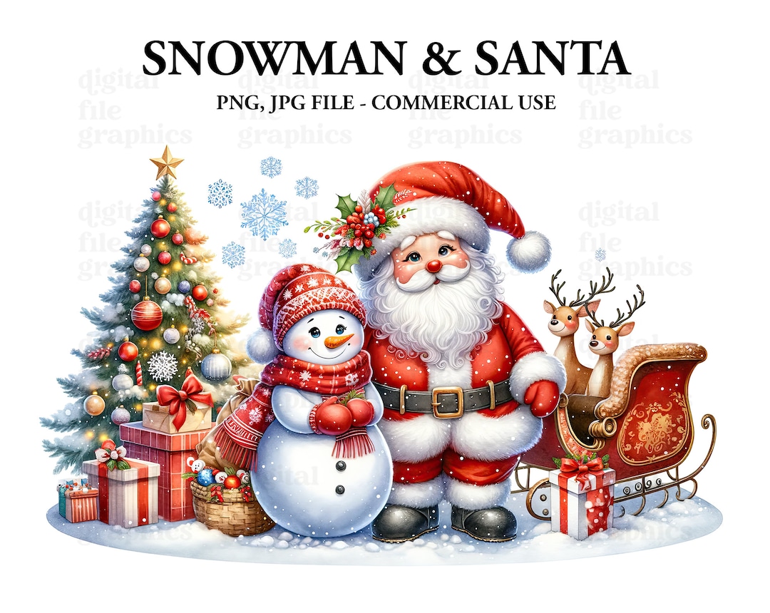 Snowman Santa Christmas Watercolor Clipart, Christmas Clipart PNG ...