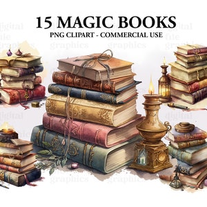 Magic Books With Candle Watercolor Clipart, Book Shop Buildning, Book ...