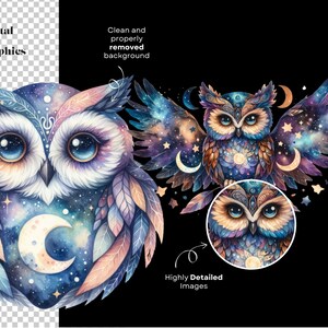 Owl and Moon Watercolor Clipart, Celestial Owls Clipart, Fantasy ...