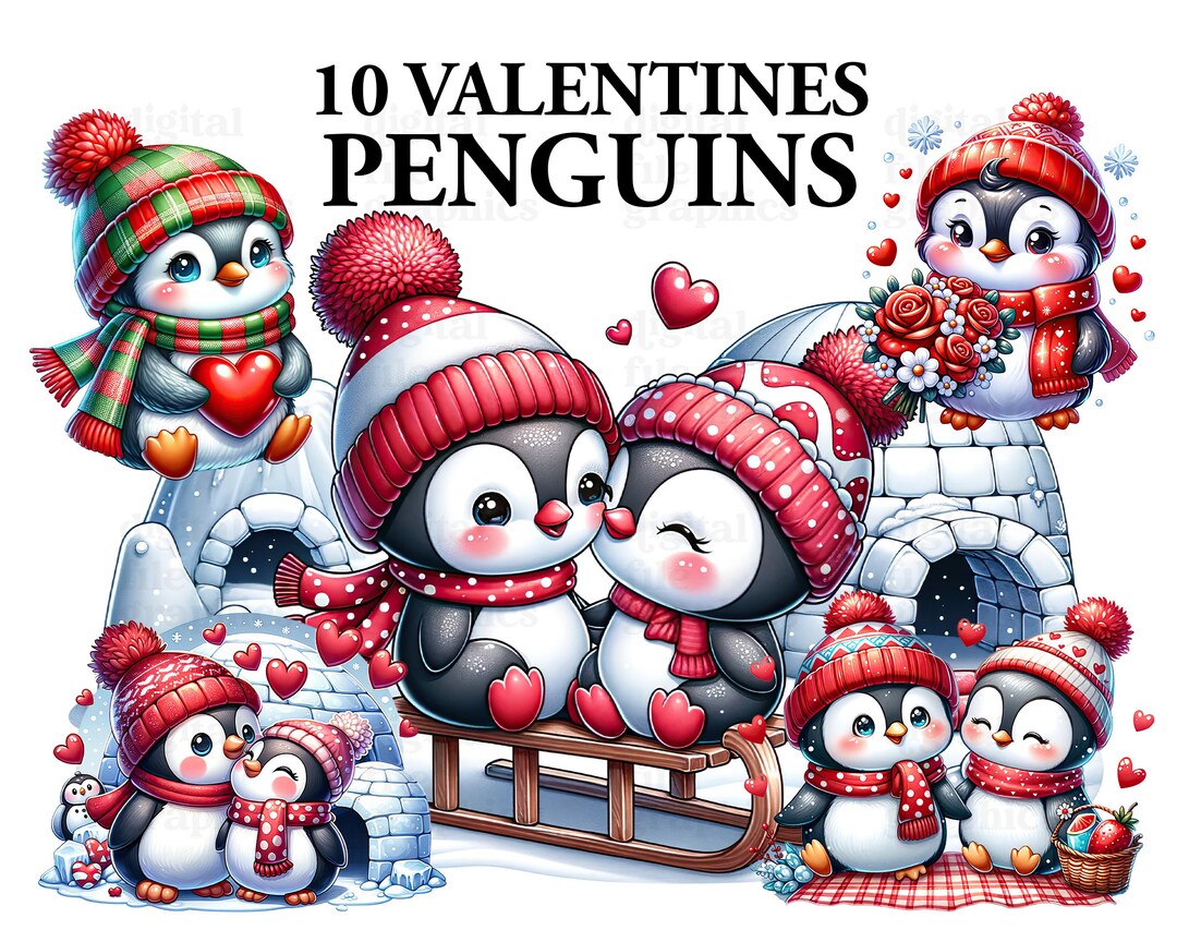 Valentines Day Penguin Watercolor Clipart, Cute Penguin Clipart PNG ...
