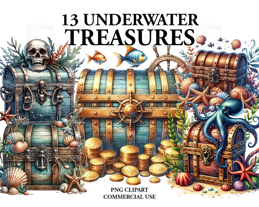Underwater Treasure Watercolor Clipart, Gold Treasure Clipart PNG, Sea ...