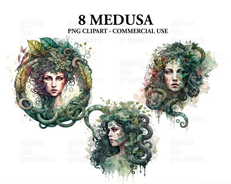 MEDUSA Watercolor Clipart Mythical Gorgon Greek Mythology - Etsy