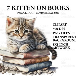 Cute Kitten on Books Watercolor Clipart, Cute Cat Art, Fantasy Clipart ...