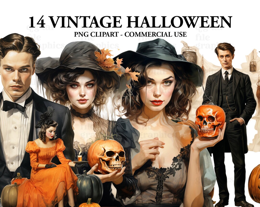 Halloween Retro Woman & Man Watercolor Clipart, Halloween Vintage ...