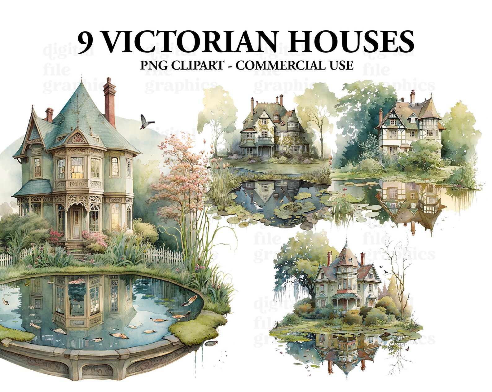Victorian House Watercolor Clipart House Pond Clipart - Etsy UK