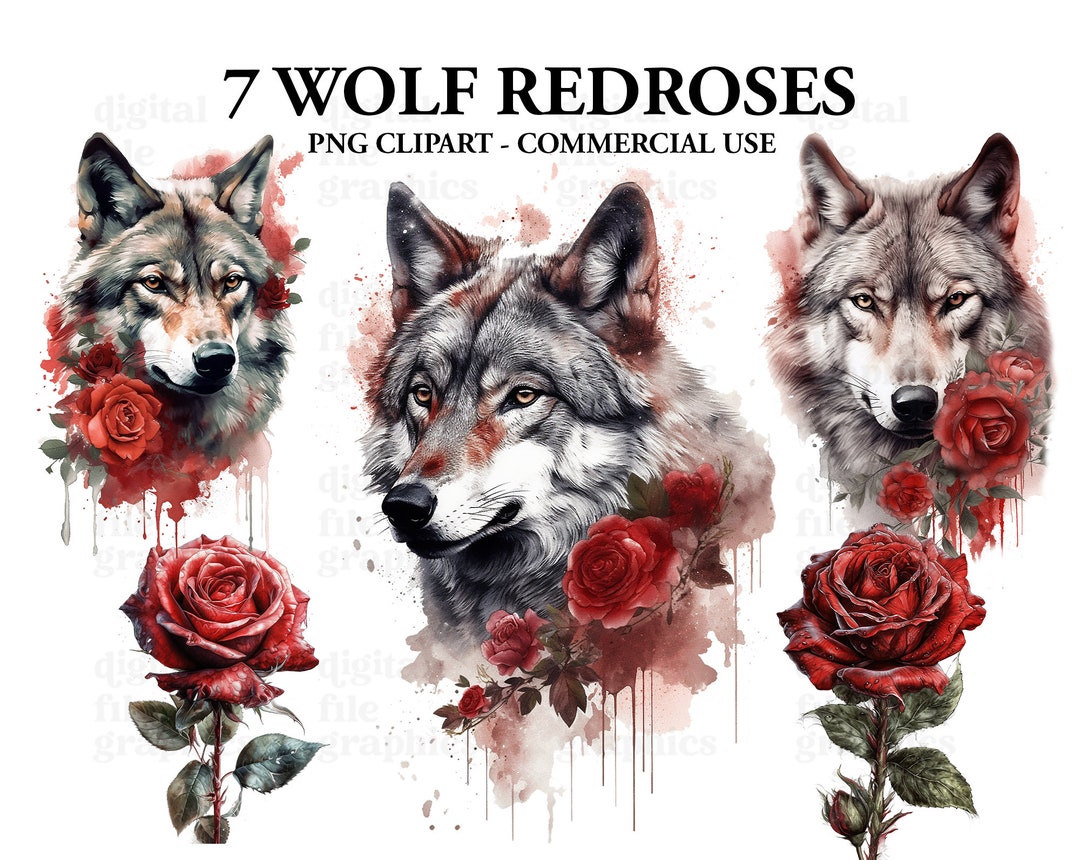 Wolf and Red Roses Watercolor Clipart, Wolf Clipart, Wolf Moon Bundle ...