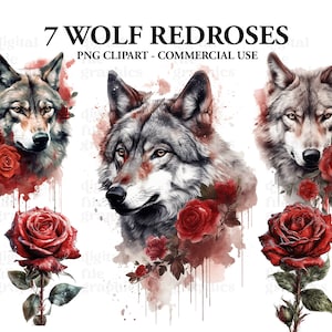 Wolf and Red Roses Watercolor Clipart, Wolf Clipart, Wolf Moon Bundle ...