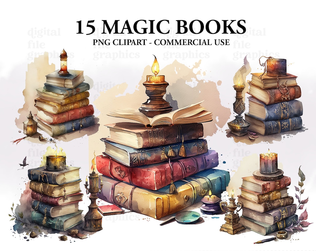 Magic Books With Candle Watercolor Clipart, Book Shop Buildning, Book ...