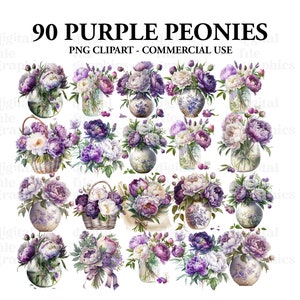 BIG BUNDLE Purple Peonies Watercolor Clipart, Floral Clipart, Summer ...