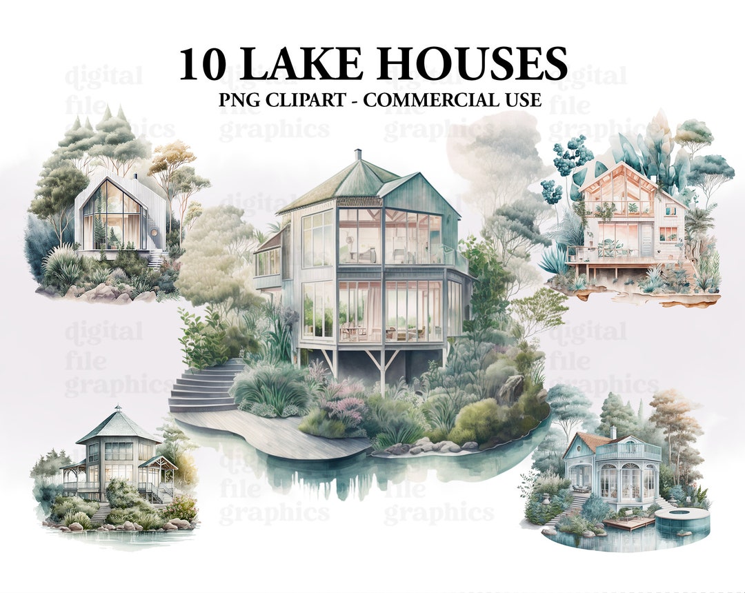 Lake House Bundle, Lake Houses Clipart, House by the Water Watercolor ...