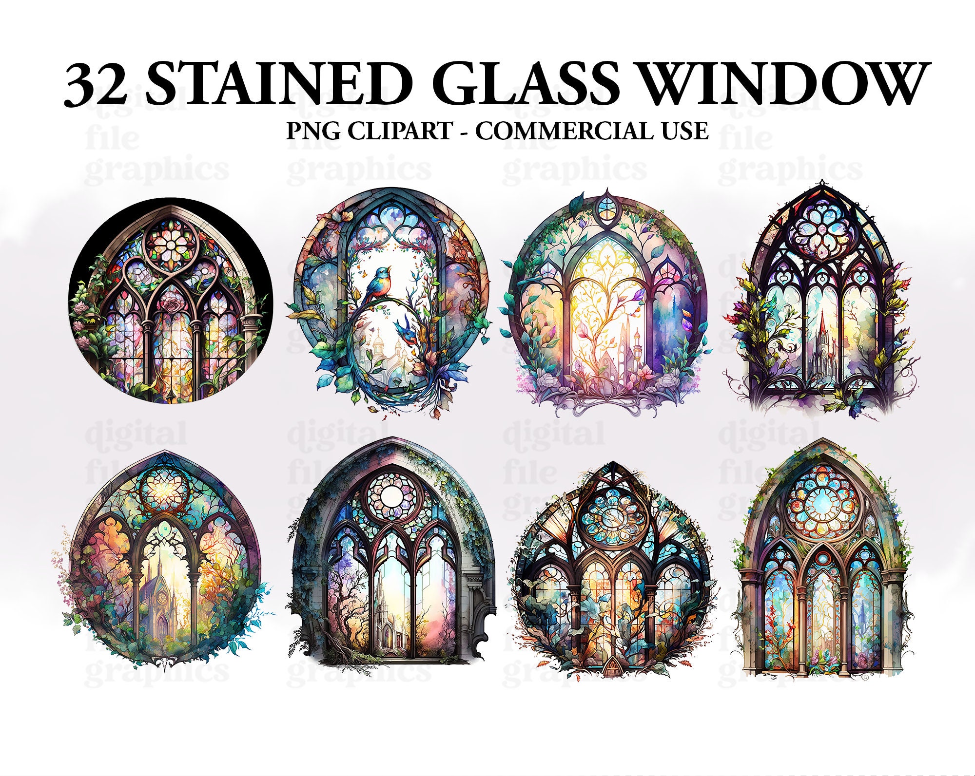 Stained Glass Window Clipart Landscape Window Watercolor - Etsy Canada