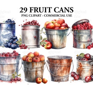 Vintage Fruit Cans Watercolor Clipart, Cans Buckets Bundle PNG, Pot, Jar, Scrapbook, Junk ...