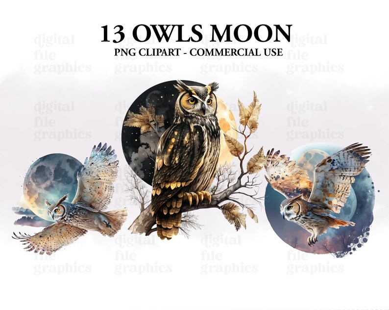 Owl and Moon Watercolor Clipart Owls Clipart Fantasy - Etsy
