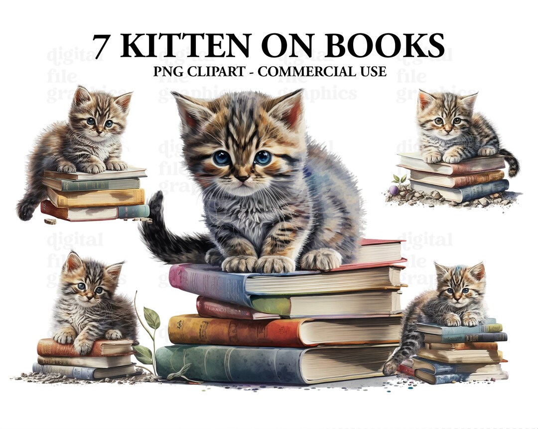 Cute Kitten on Books Watercolor Clipart, Cute Cat Art, Fantasy Clipart ...