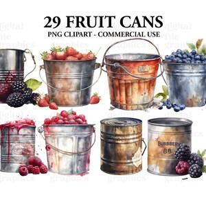 Vintage Fruit Cans Watercolor Clipart, Cans Buckets Bundle PNG, Pot, Jar, Scrapbook, Junk ...