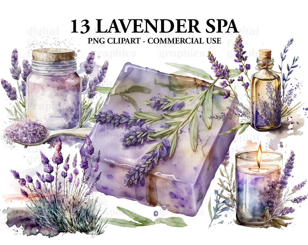 Lavender Spa Watercolor Clipart, Soap, Candles, Salt Spa Clipart ...