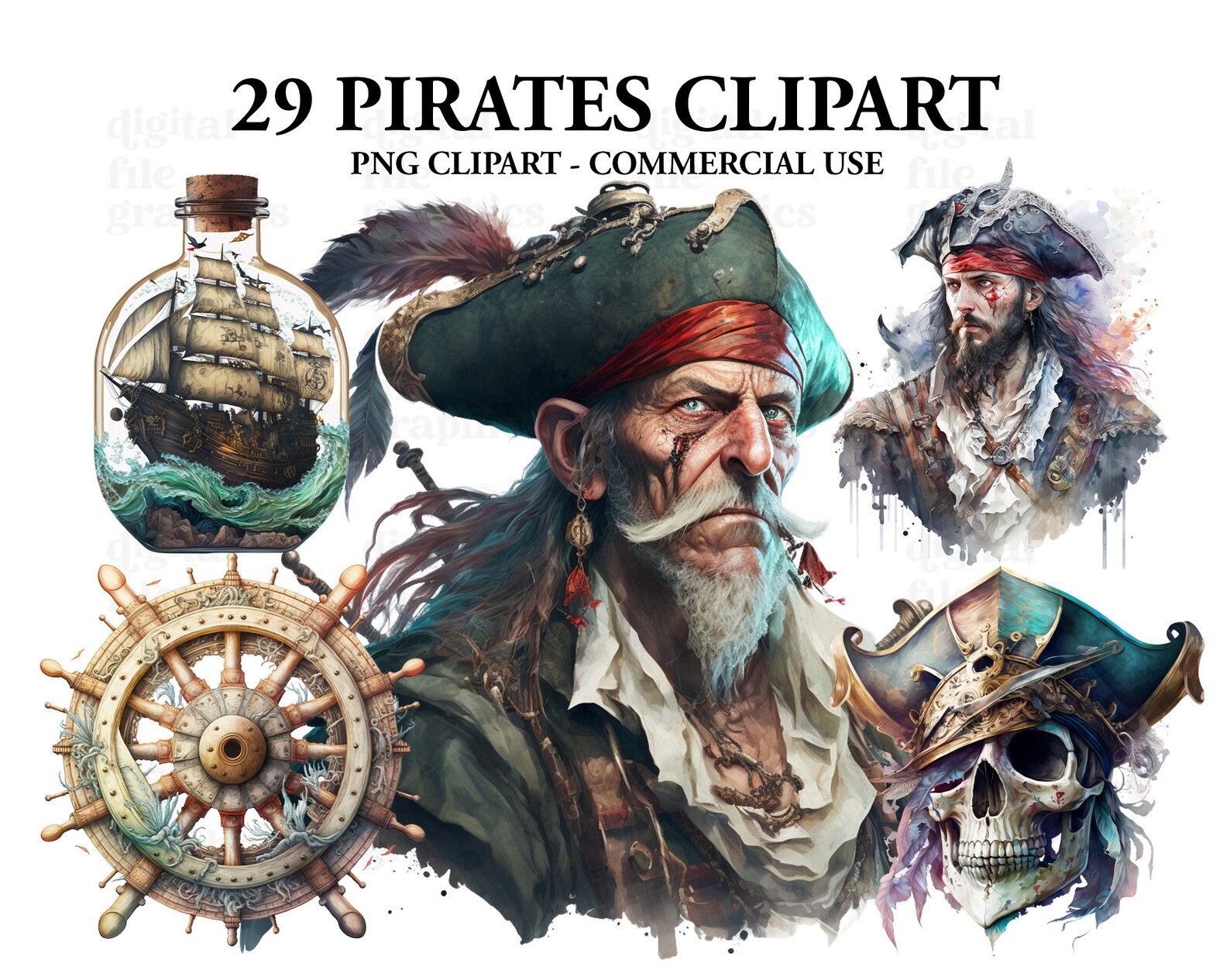 Pirate Watercolor Clipart, Pirate Skull Black Style, Magical Clipart ...