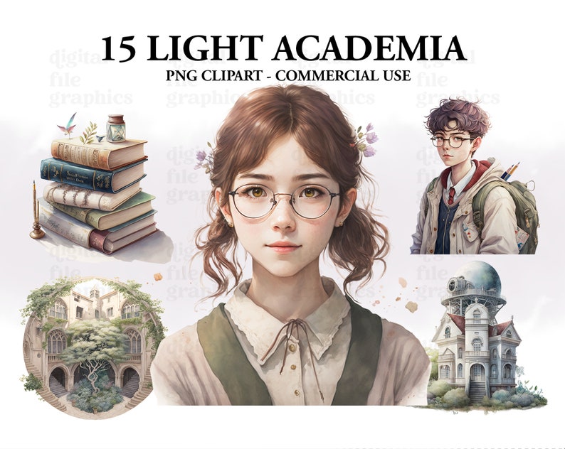 Watercolor Light Academia Clipart Character Clipart Books - Etsy
