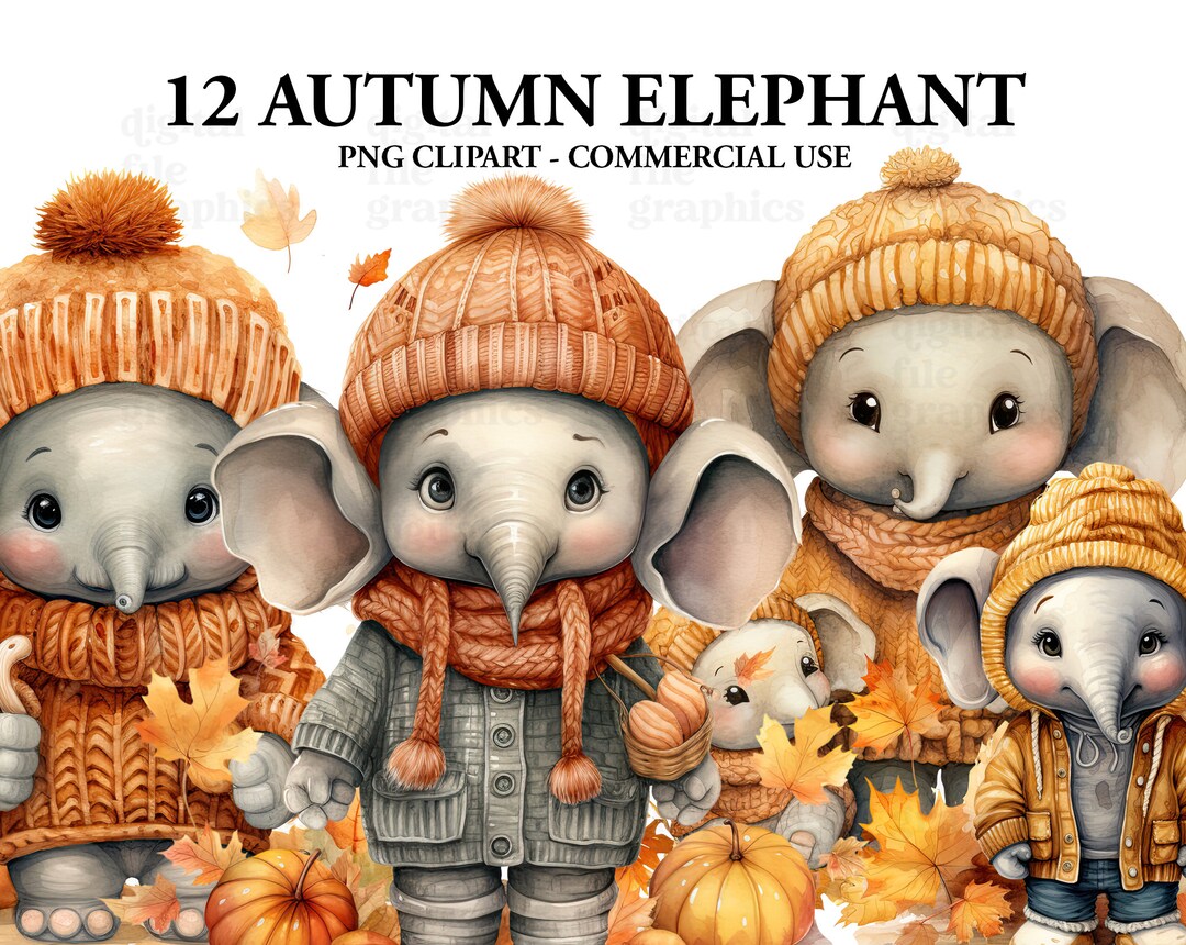Autumn Cute Elephant Watercolor Clipart, Fall Animal Clipart PNG, Kids ...