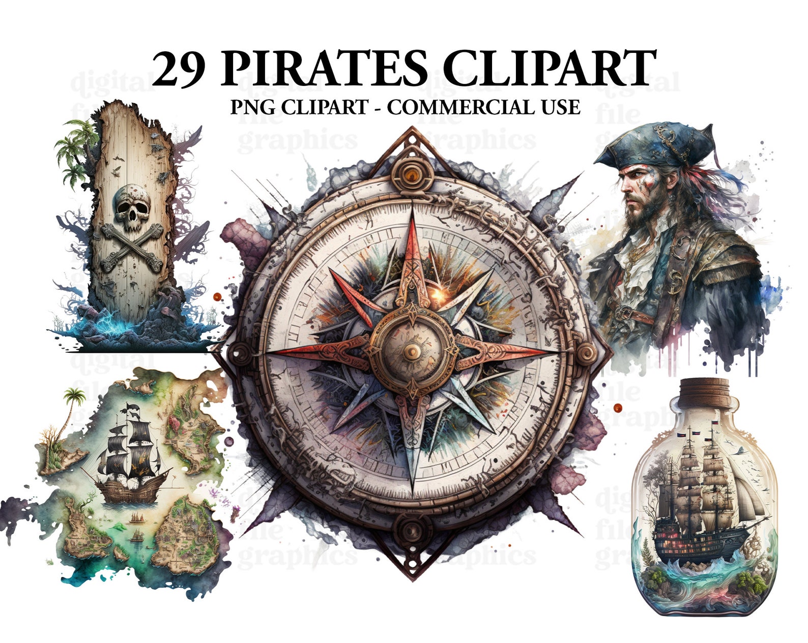 Pirate Watercolor Clipart, Pirate Skull Black Style, Magical Clipart ...