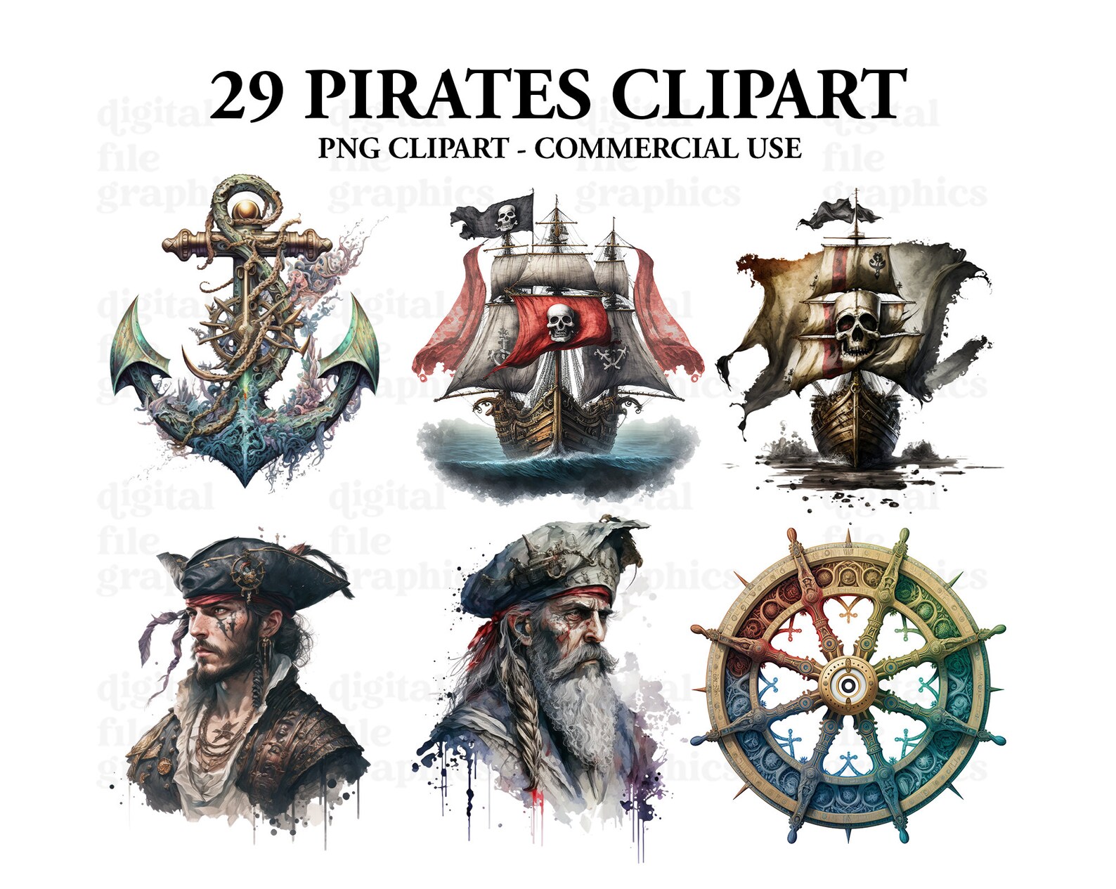 Pirate Watercolor Clipart, Pirate Skull Black Style, Magical Clipart ...