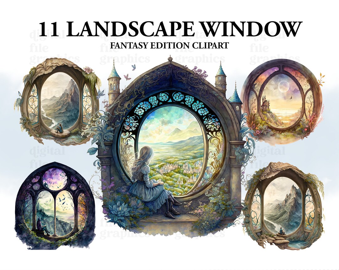 Fantasy Landscape Window Watercolor Clipart, Window Clipart, Fantasy ...
