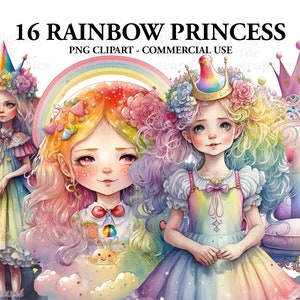Rainbow Princess Watercolor Clipart, Princess Clipart PNG, Portrait ...
