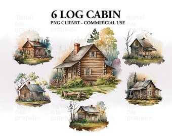 Watercolour Log Cabin Clipart Bundle, Cabins in the Woods Clipart, Landscape PNG, Forest House ...