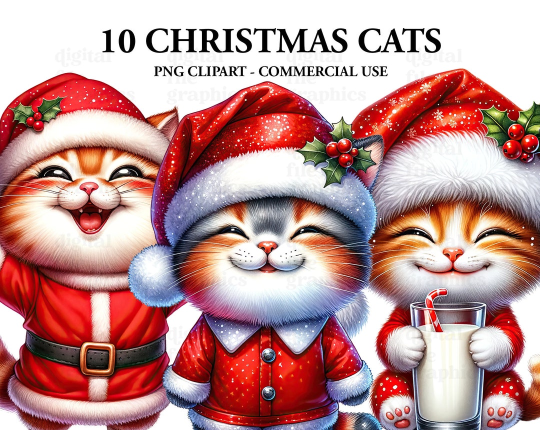 Christmas Cat Watercolor Clipart, Cute Kittens Winter Animal Clipart ...