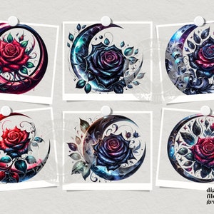 Gothic Crescent Moon Watercolor Clipart, Rose Clipart, Moon Bundle ...