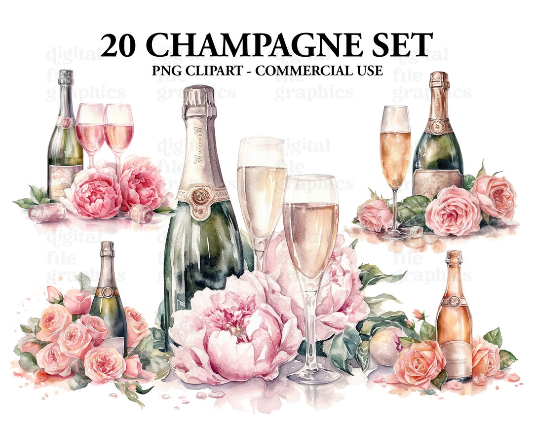 Celebration Clipart, Watercolor Party Clipart, Bottle and Glass With ...