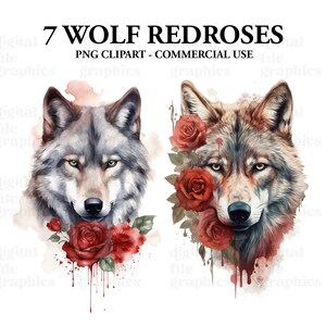 Wolf and Red Roses Watercolor Clipart, Wolf Clipart, Wolf Moon Bundle ...
