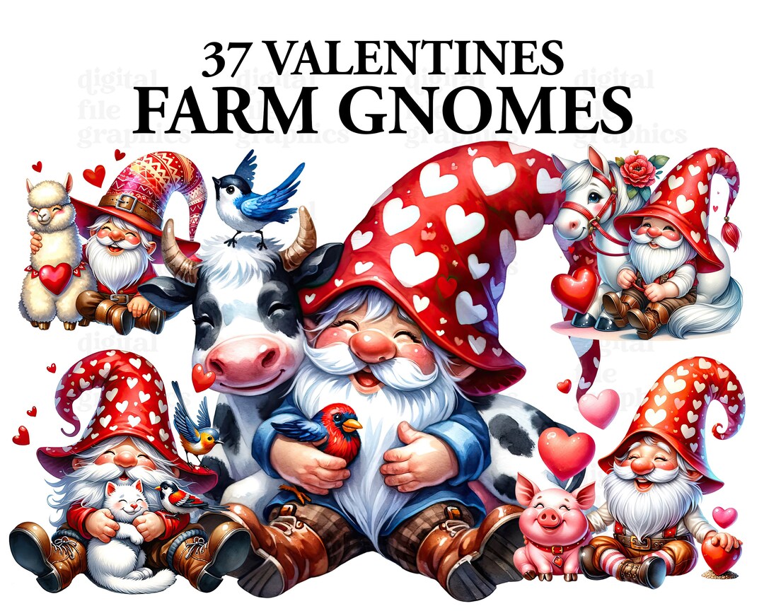 Valentines Day Farm Gnome Watercolor Clipart, Farm Animals Clipart PNG ...