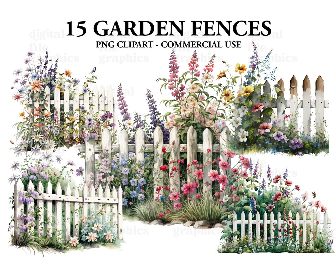 Garden Fence Spring Flowers Watercolor Clipart, Floral Clipart, Summer ...