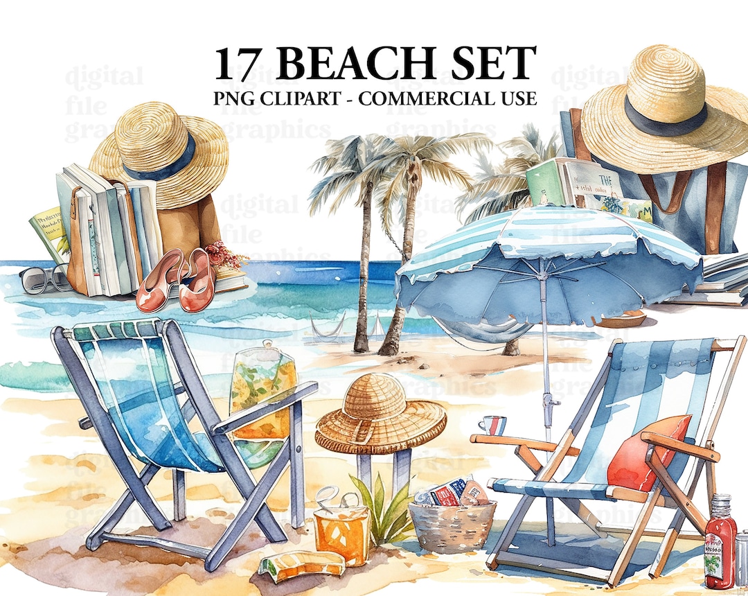 Beach Day Set Watercolor Clipart, Beach Clipart, Beach Bag, Beach Chair ...