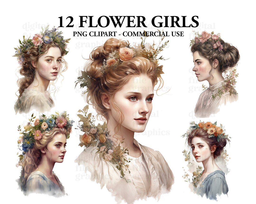 Vintage Girls Flowers Watercolor Clipart, Vintage Lady PNG, Vintage ...