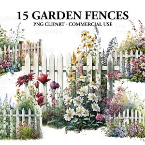 Garden Fence Spring Flowers Watercolor Clipart, Floral Clipart, Summer ...