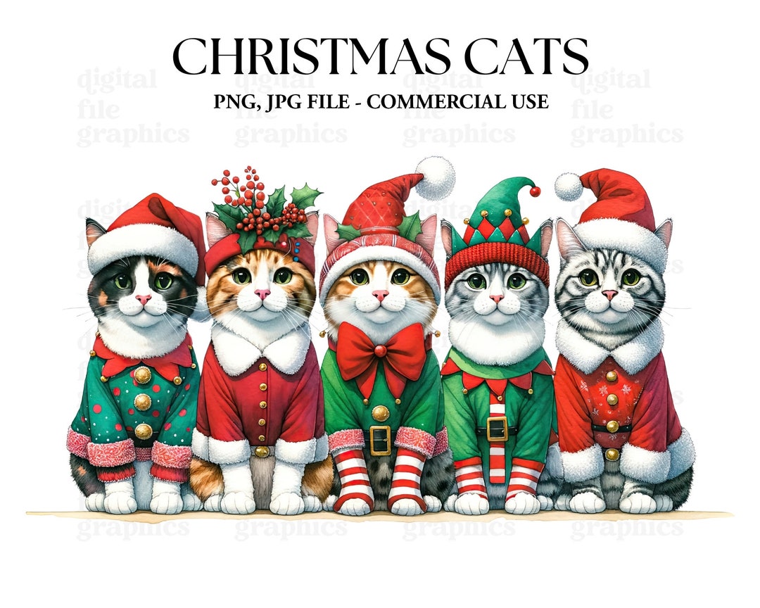 Christmas Cats Png Watercolor, Christmas Cats Print JPG, PNG, Colorful ...